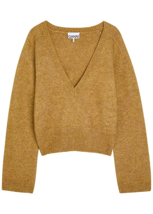 GANNI Melange Brushed Wool-blend V-neck Jumper - Multicoloured
