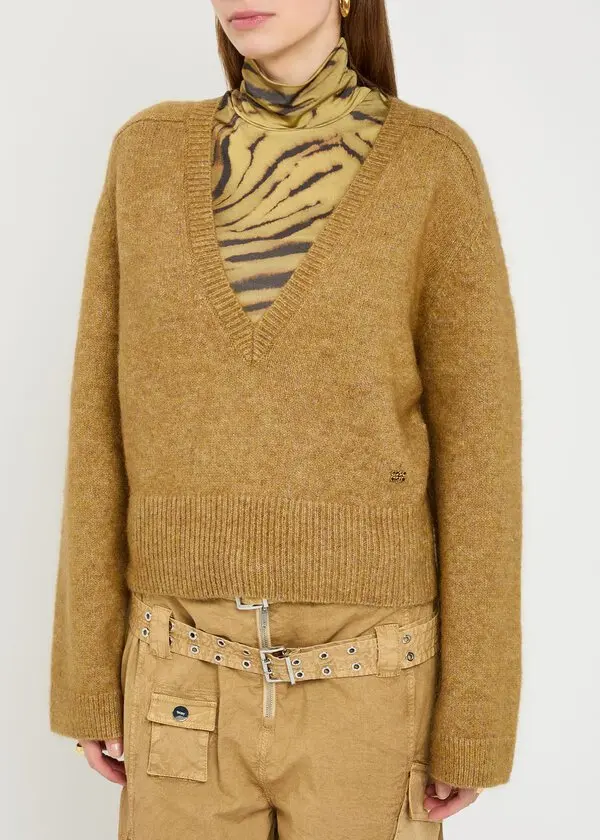 GANNI Melange Brushed Wool-blend V-neck Jumper - Multicoloured