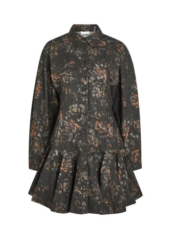 GANNI Printed Stretch-cotton Mini Shirt Dress - Black