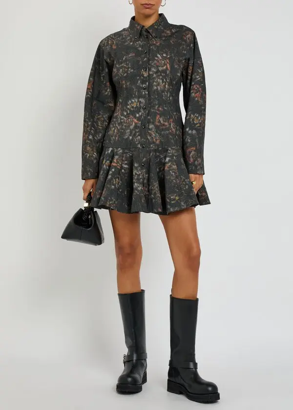 GANNI Printed Stretch-cotton Mini Shirt Dress - Black