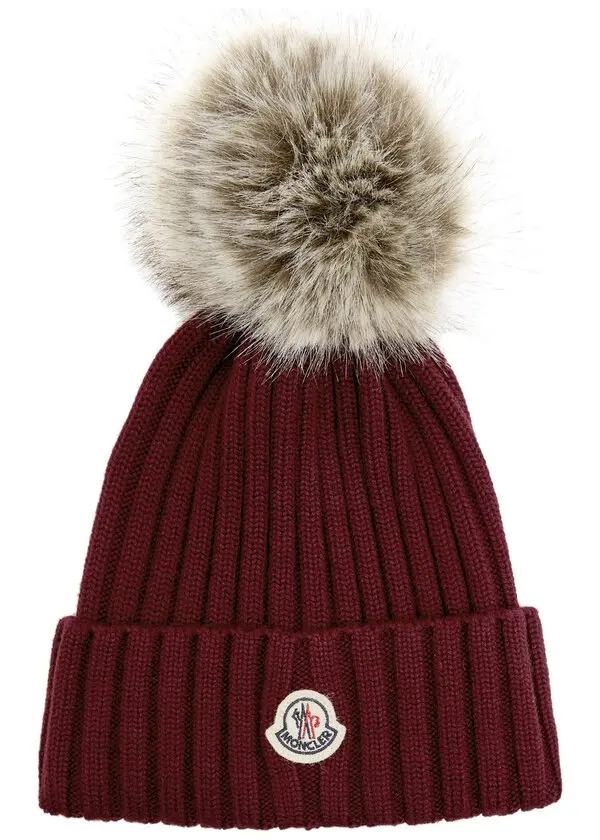 Moncler Ribbed Wool Bobble Hat - Red Dark