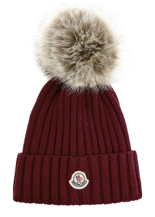 Moncler Ribbed Wool Bobble Hat - Red Dark