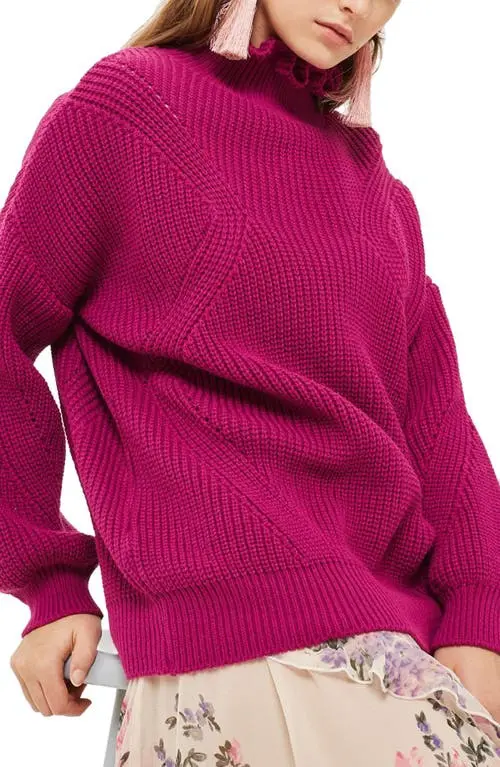 Topshop Frill Neck Puffed Sleeve Sweater - Bright Pink
