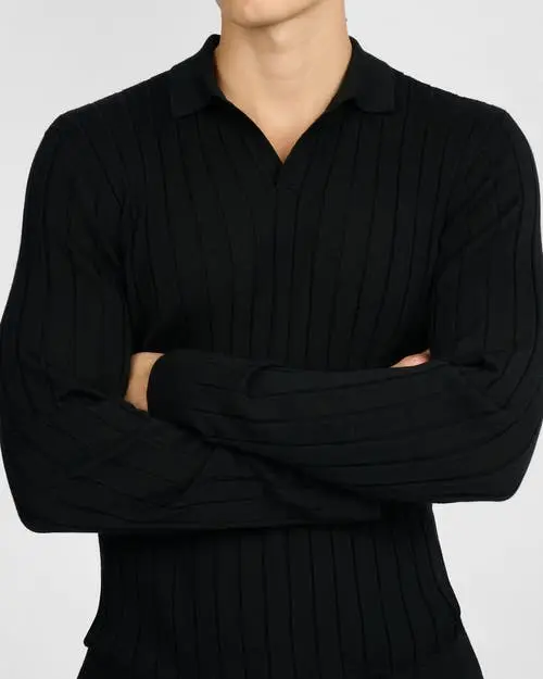 Onia Extra Fine Merino Wool Johnny Collar Polo - Black