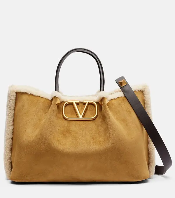 Valentino Garavani Vlogo Medium Suede Tote - Beige