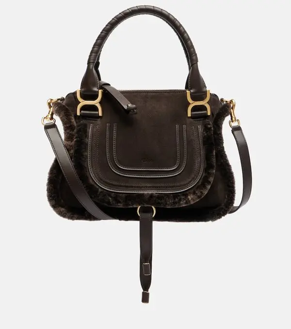 Chloé Marcie Small Shearling-trimmed Suede Tote Bag - Brown