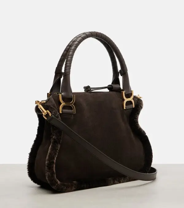 Chloé Marcie Small Shearling-trimmed Suede Tote Bag - Brown