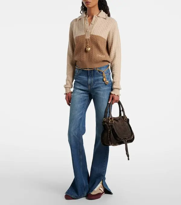 Chloé Marcie Small Shearling-trimmed Suede Tote Bag - Brown
