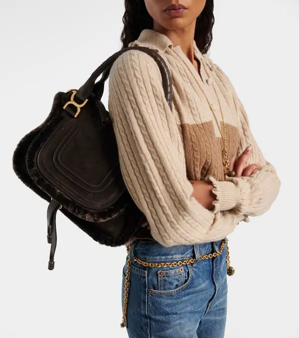 Chloé Marcie Small Shearling-trimmed Suede Tote Bag - Brown