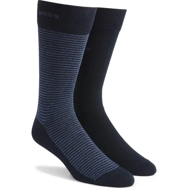 BOSS Assorted Solid & Stripe Cotton-blend Dress Socks 2 Pack - Dark Blue