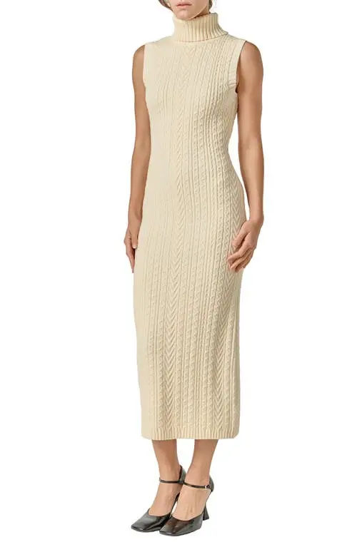 English Factory Sleeveless Cable Stitch Turtleneck Maxi Sweater Dress - Ivory