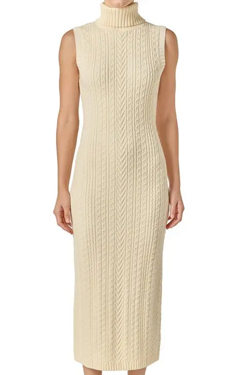 English Factory Sleeveless Cable Stitch Turtleneck Maxi Sweater Dress - Ivory