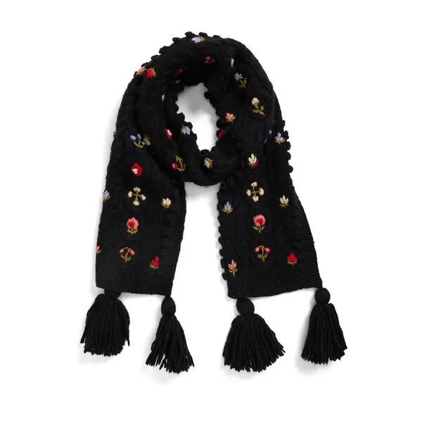 FRENCH KNOT Narrow Cable Knit Scarf - Black
