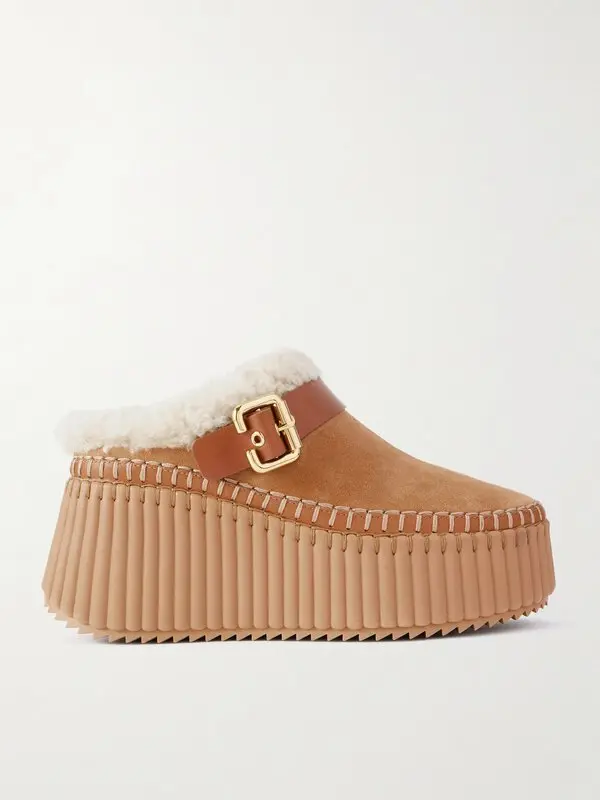 Chloé Nama Buckled Shearling-lined Platform Mules - Brown