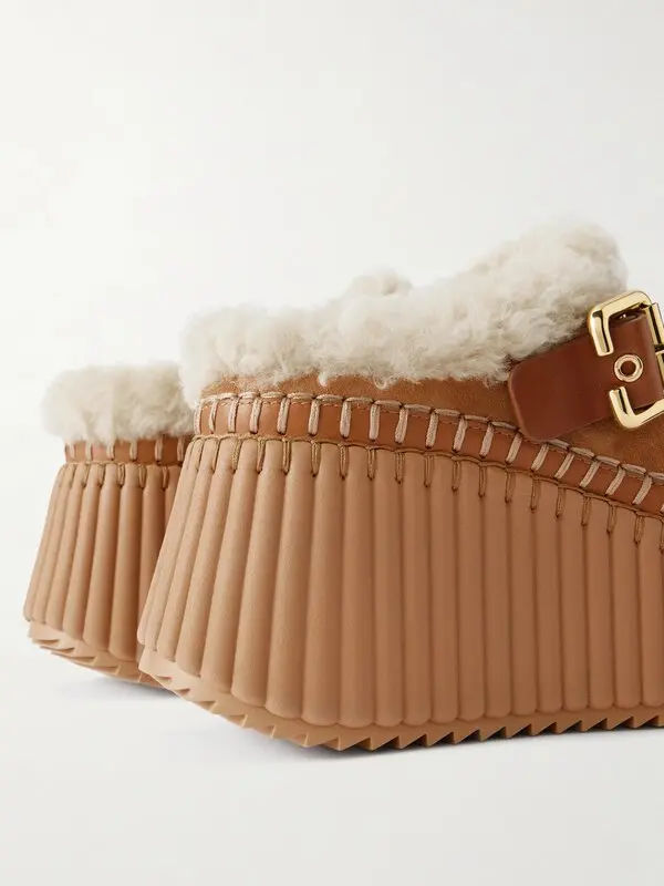 Chloé Nama Buckled Shearling-lined Platform Mules - Brown