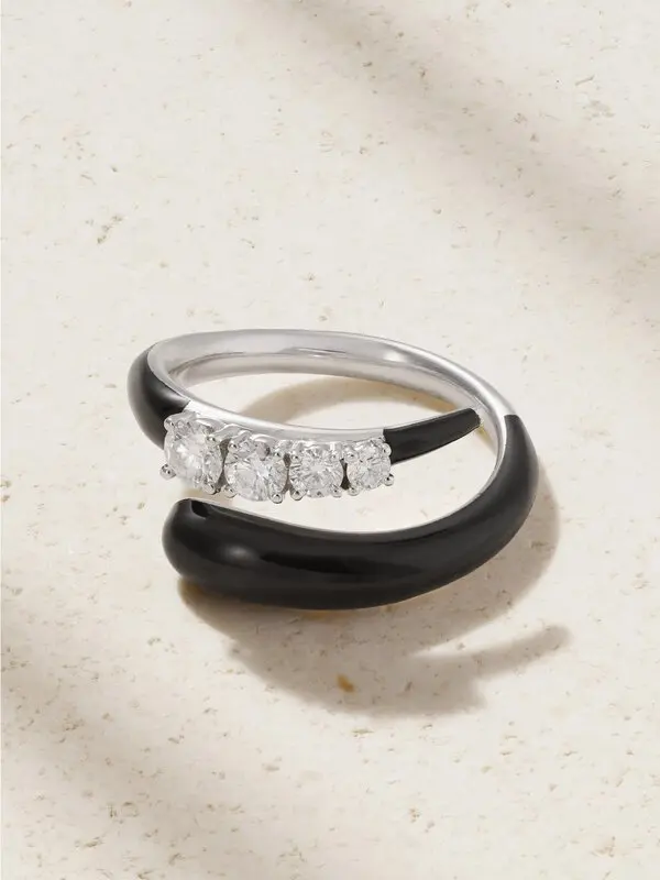 Nikos Koulis Oui 18-karat White Gold, Diamond And Enamel Ring - Black