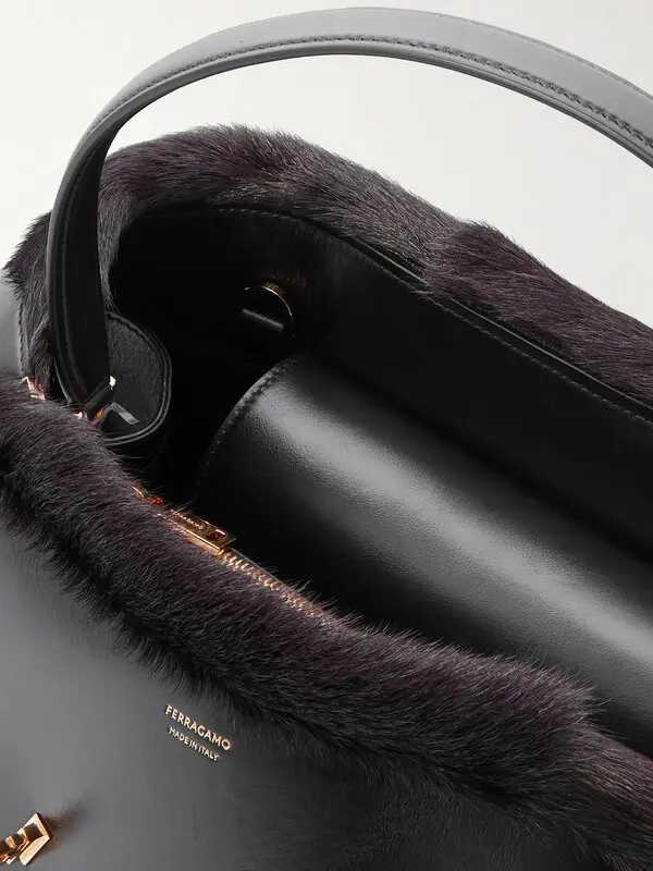 FERRAGAMO - Hug Shearling-Trimmed Leather Shoulder Bag