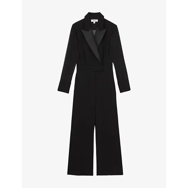 REISS Perla Sheer-sleeve Woven Tuxedo Jumpsuit - Black