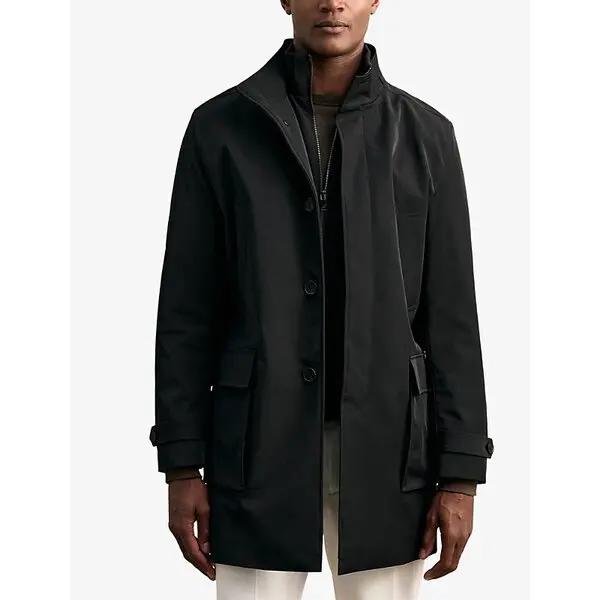 REISS Funnel-neck Woven Overcoat - Black