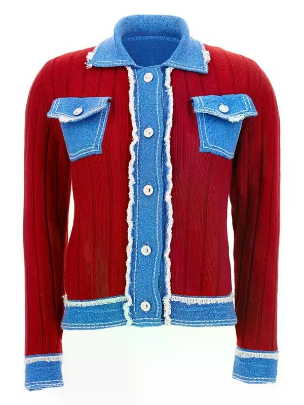 BARRIE Ribbed-knit Denim-trimmed Jacket - Red