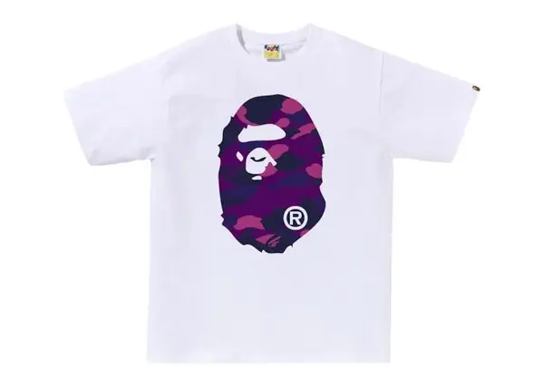 A BATHING APE Camo Big Ape Head Tee Shirt - White/purple