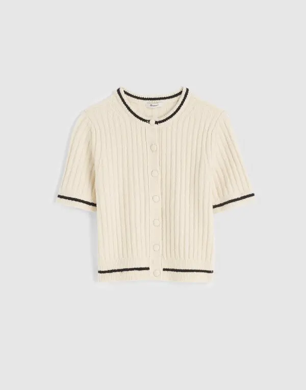 Madewell Ribbed Puff-sleeve Cardigan - Antique Cream And Black