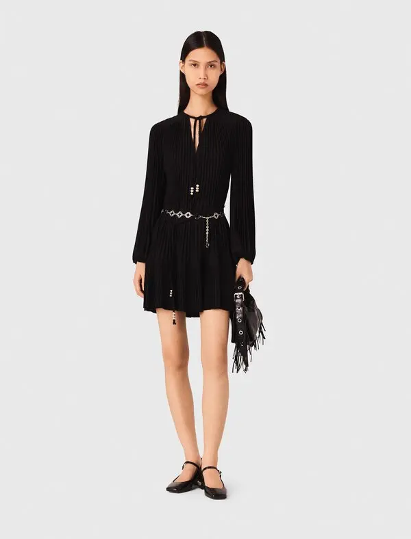 Maje Polyester Mini Pleated Dress In Black | Editorialist