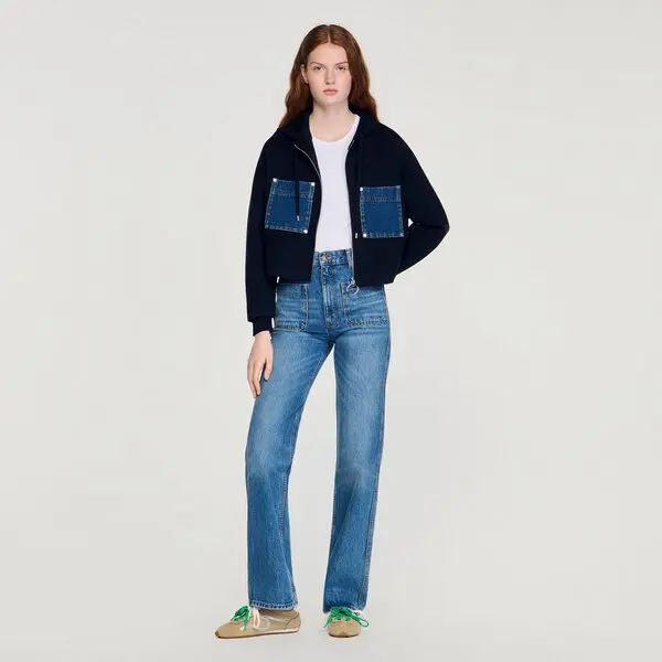 Sandro Knit Hoodie With Denim Pockets - Navy Blue