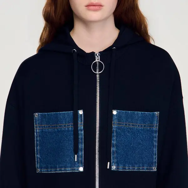 Sandro Knit Hoodie With Denim Pockets - Navy Blue
