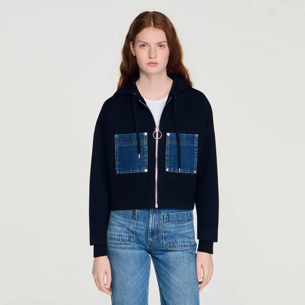Sandro Knit Hoodie With Denim Pockets - Navy Blue