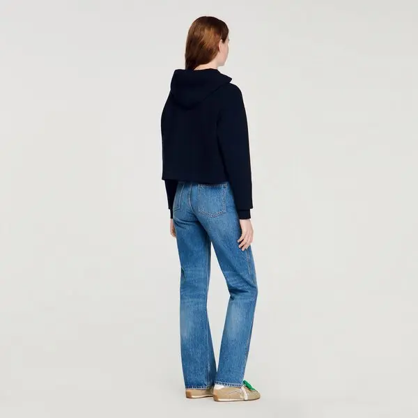 Sandro Knit Hoodie With Denim Pockets - Navy Blue