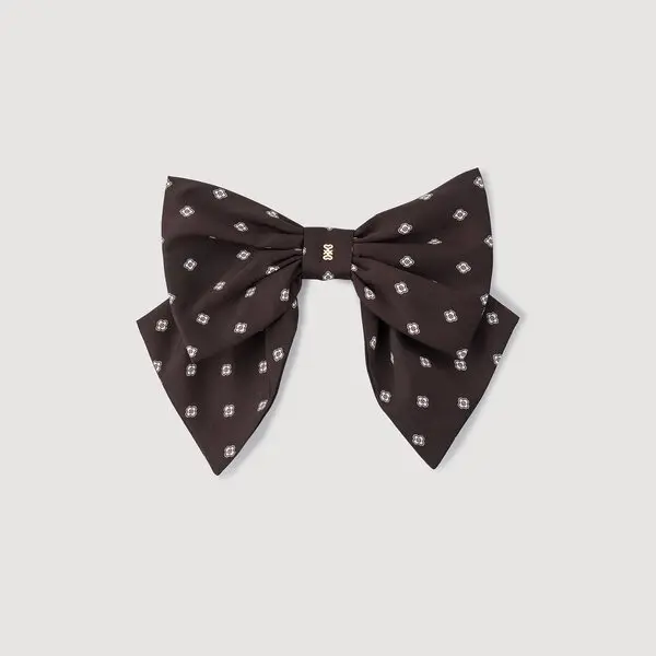 Sandro Printed Satin Bow Barrette - Brown / White