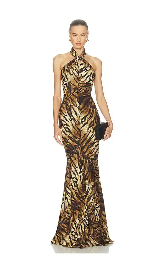 Ronny Kobo Tiger Print Halterneck Gown In Tigers Eye | Editorialist