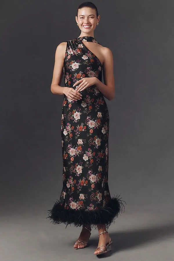 HUTCH One-shoulder Feather-trimmed Maxi Dress - Bouquet Floral