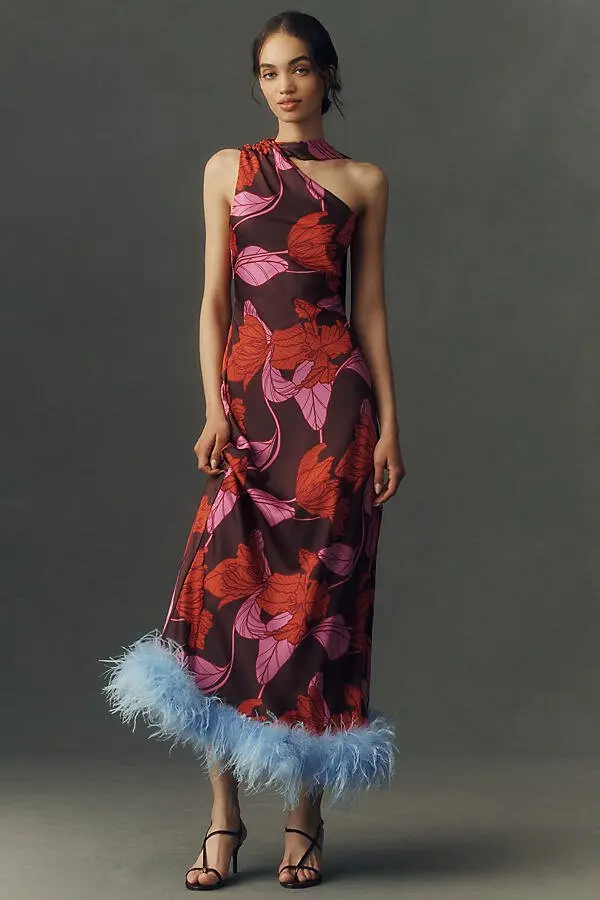HUTCH One-shoulder Faux-feather Trim Maxi Dress - Brown Pattern