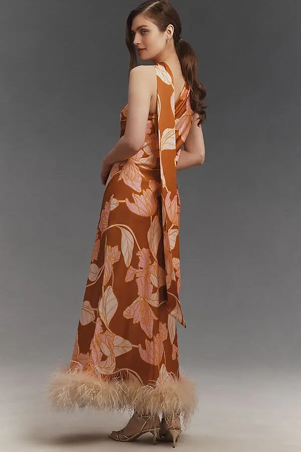 HUTCH One-shoulder Faux-feather Trim Maxi Dress - Yellow Pattern