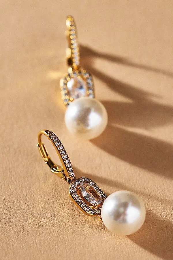 Nadri Oval Crystal Halo Pearl Drop Earrings - Gold