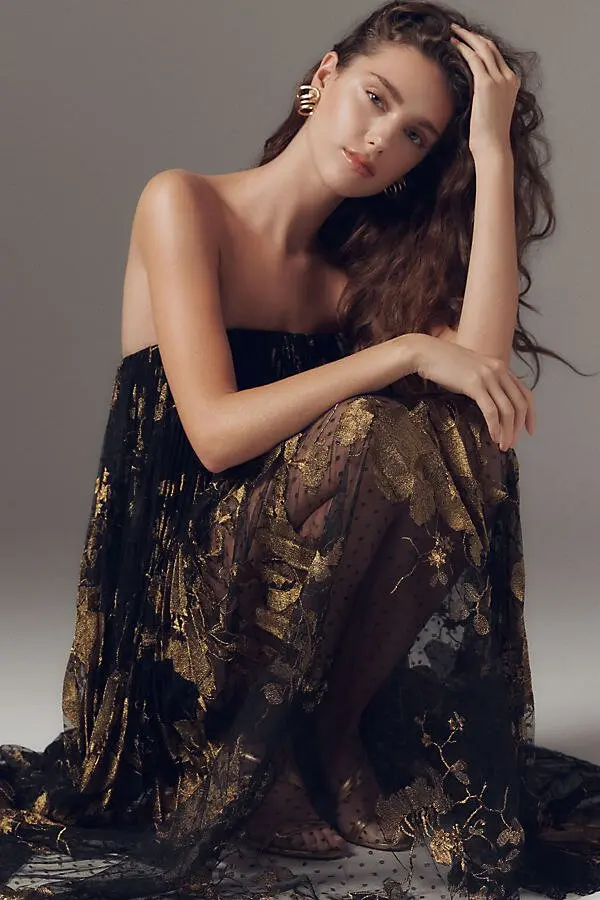 Helsi Delphe Strapless Pleated Sheer Lace Maxi Dress - Black/gold
