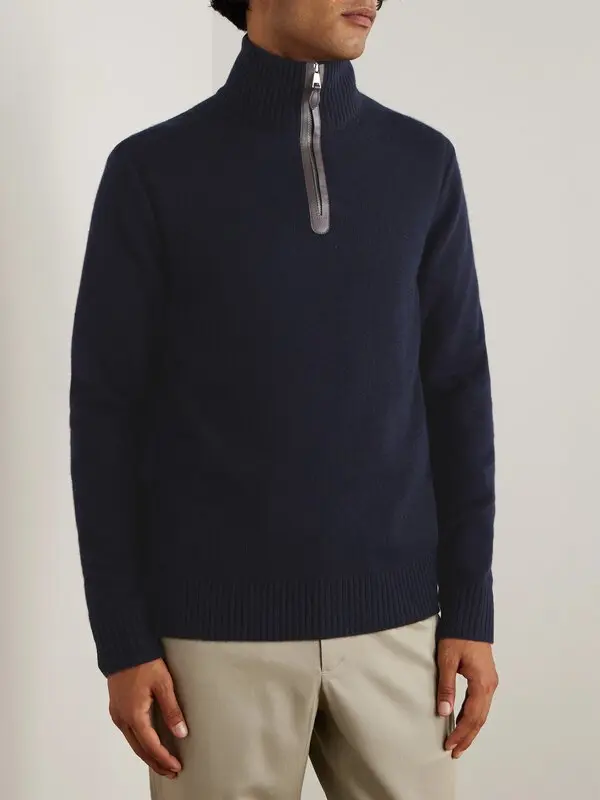 Purdey Leather-trimmed Cashmere Half-zip Sweater - Blue