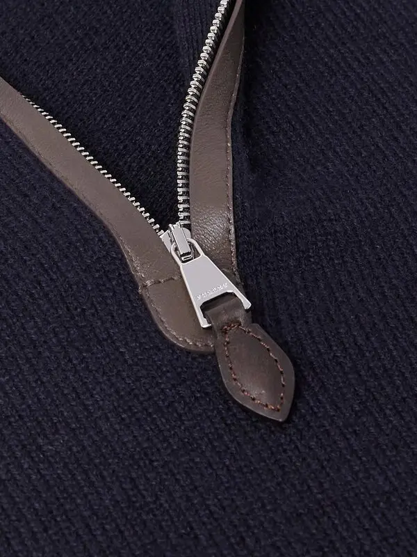Purdey Leather-trimmed Cashmere Half-zip Sweater - Blue