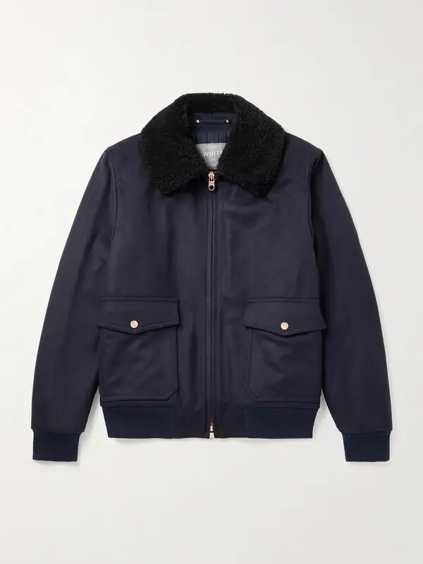 Private White V.c. The Flight Jacket 3.0 Shearling-trimmed Wool Bomber Jacket - Blue