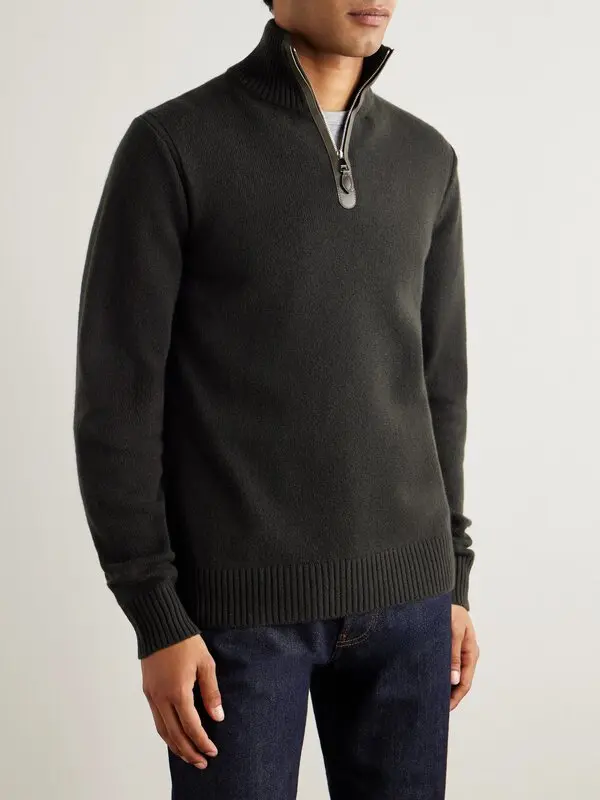 Purdey Leather-trimmed Cashmere Half-zip Sweater - Green