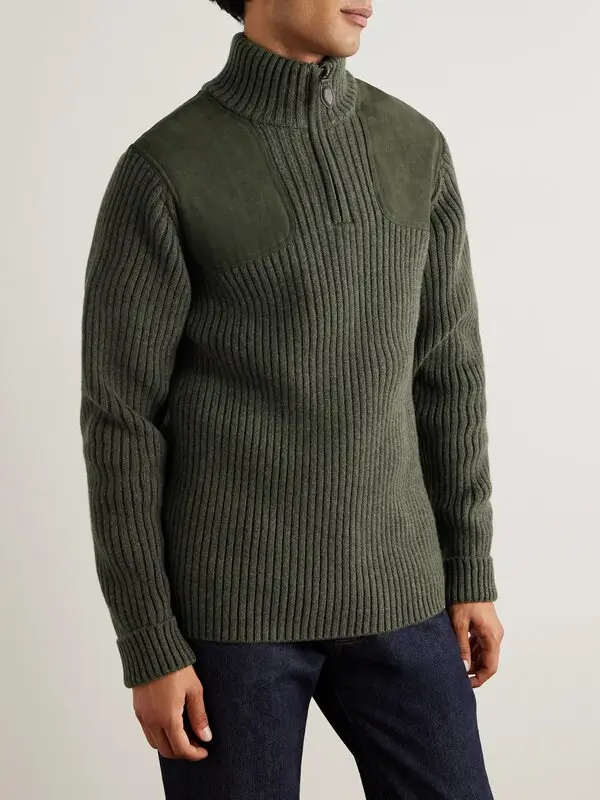 Purdey Commando Suede-trimmed Ribbed Wool Half-zip Sweater