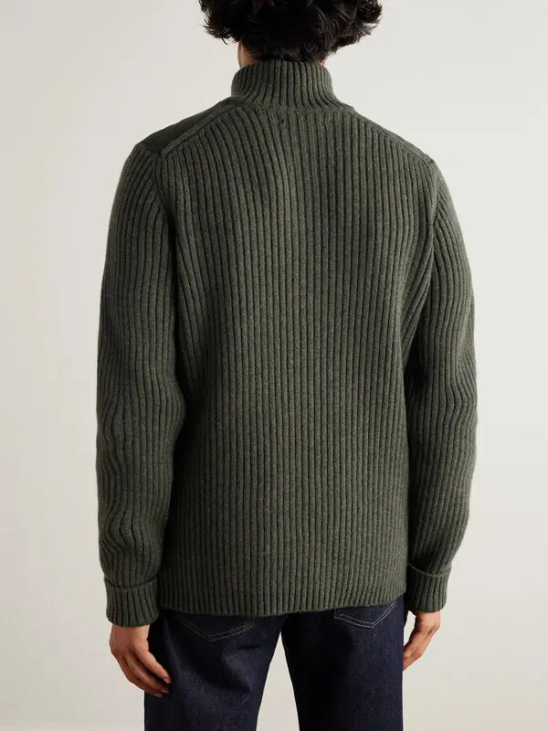 Purdey Commando Suede-trimmed Ribbed Wool Half-zip Sweater