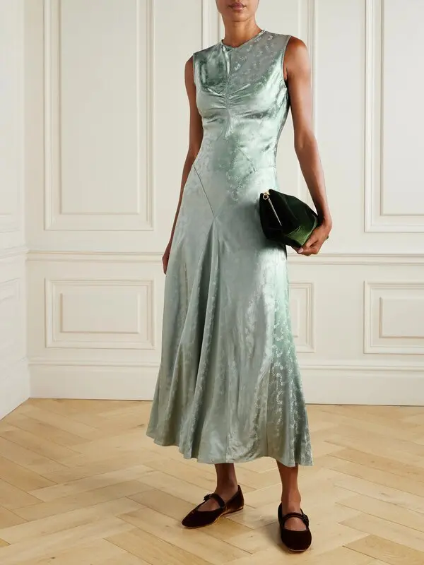 DEn Ginette Floral-Jacquard Satin Midi Dress - Green | Editorialist