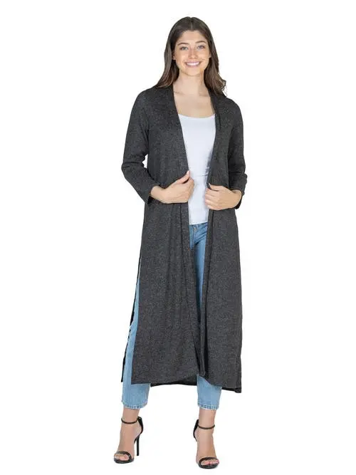 24SEVEN COMFORT APPAREL Long Open Front Knit Cardigan Duster - Black