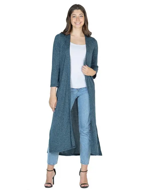 24SEVEN COMFORT APPAREL Long Open Front Knit Cardigan Duster - Teal