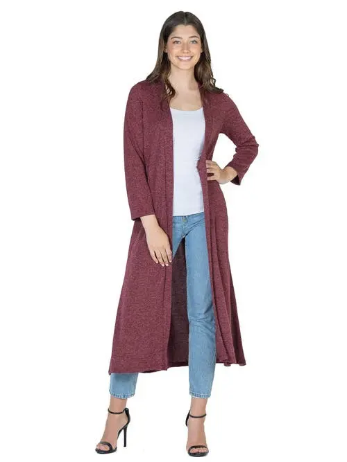 24SEVEN COMFORT APPAREL Long Open Front Knit Cardigan Duster - Wine