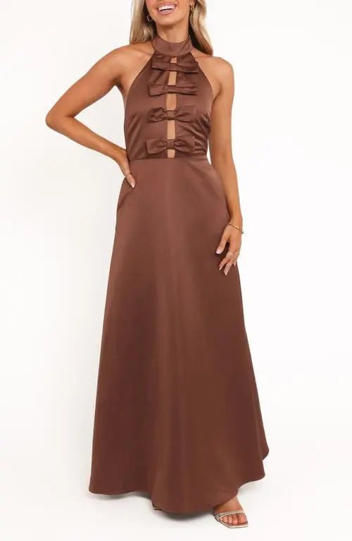 PETAL & PUP Norva Bow Front Halter Satin Maxi Dress