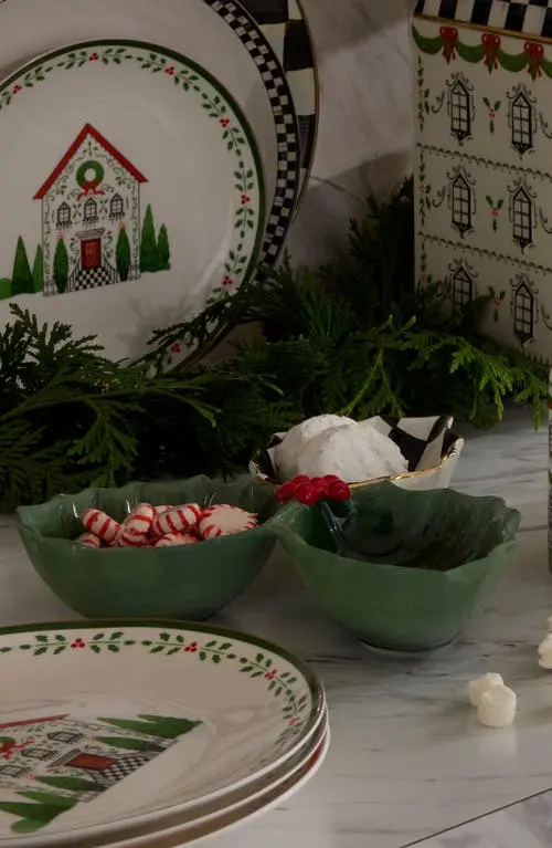 MACKENZIE-CHILDS Courtly Check Holly Leaf Hand Painted Ceramic Candy Dish